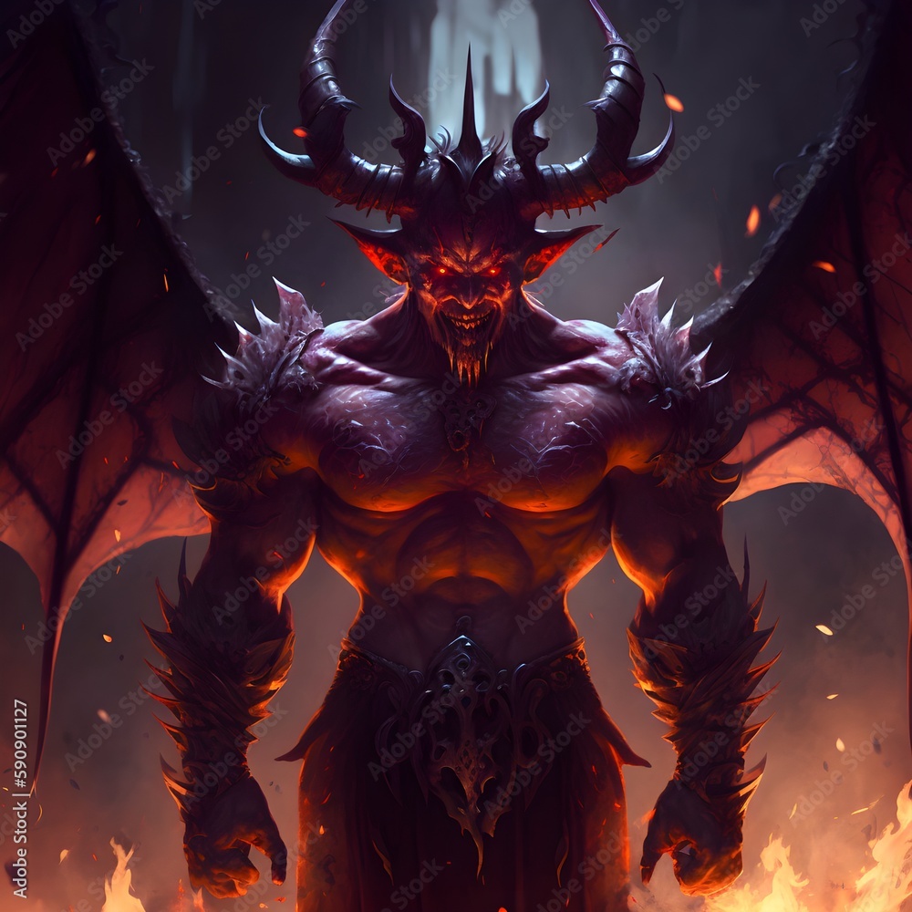 lord of fire with demon face large metal mace in hand huge muscles ...