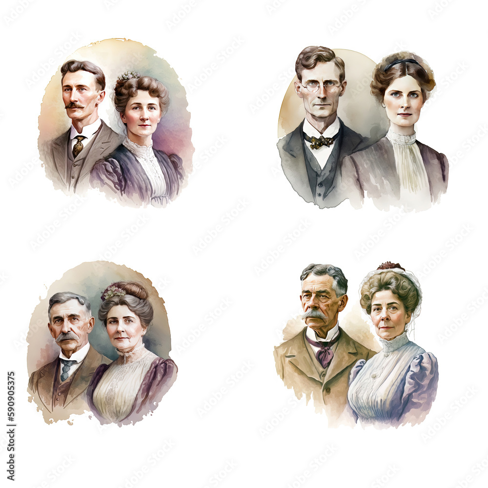 Set of portraits of Edwardian couples. AI generated illustration in a ...