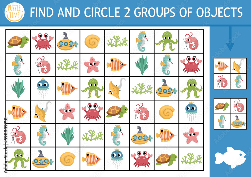 Under the sea seek and find game with traditional symbols. Attention ...