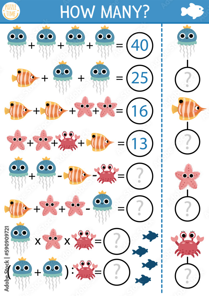 How many water animals game, equation or rebus with. Under the sea math ...