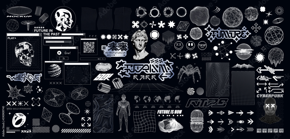 Digital arts, Retrofuturistic 3D shapes, HUD, UI, Sci-fi elements ...