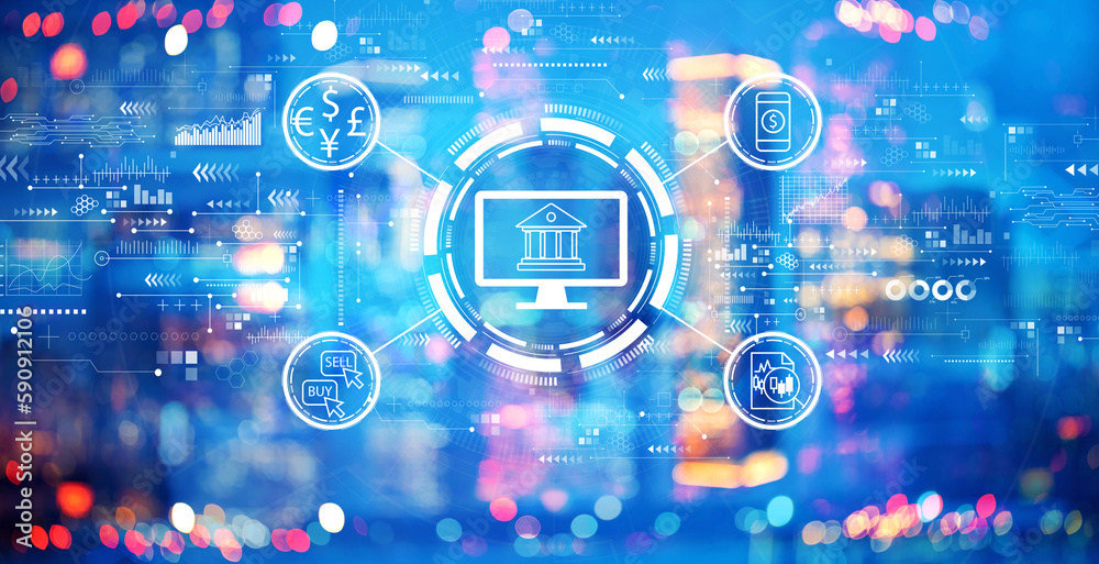 Fintech theme with blurred city lights at night Stock Photo | Adobe Stock