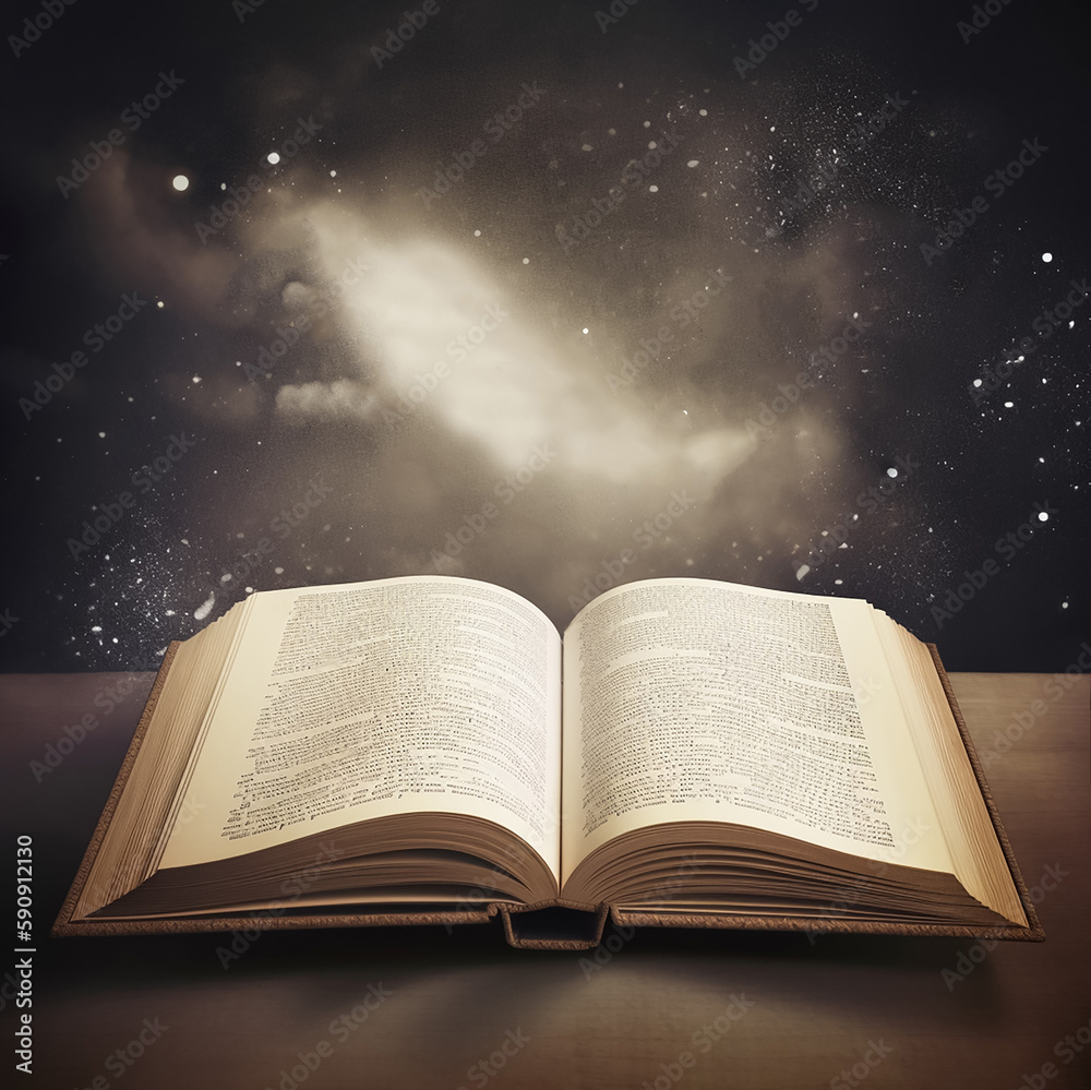 Old magic book open on a table on dark background with light and ...
