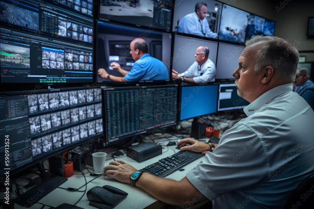 Security Control Room with Multipoke Computer Screens Showing ...