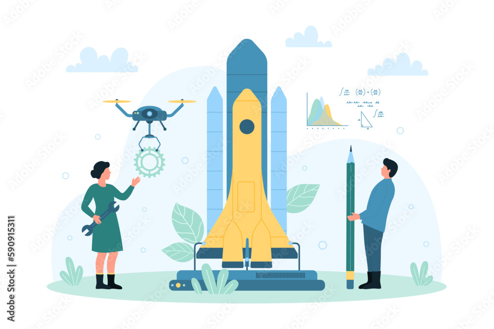 Rocket launch into space vector illustration. Cartoon tiny people use ...