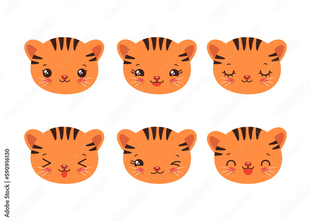 Cute tiger emoji icon set. Messenger emoji. Safari animal icons. Kawaii ...
