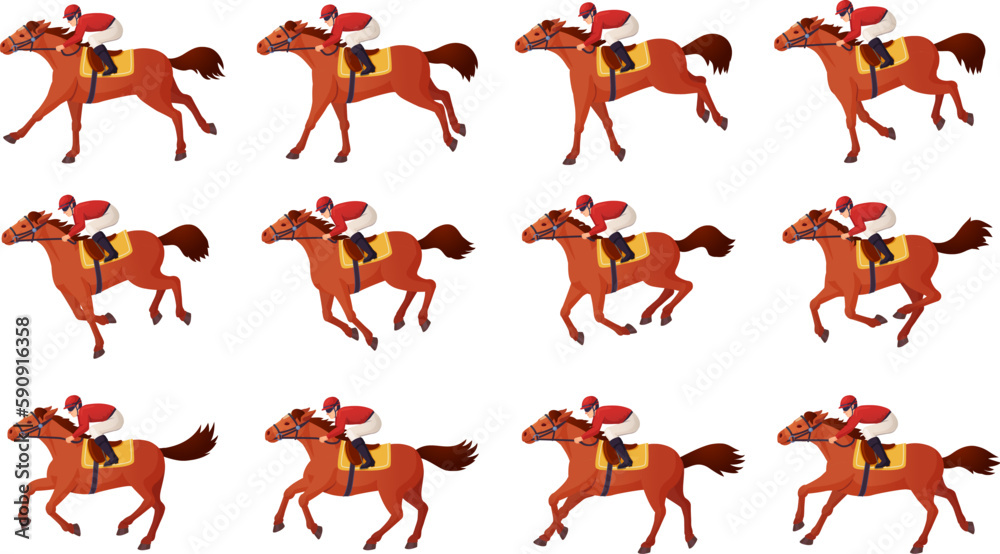 Horse rider animation. Cavalier riding motion frames cycle, jockey ...