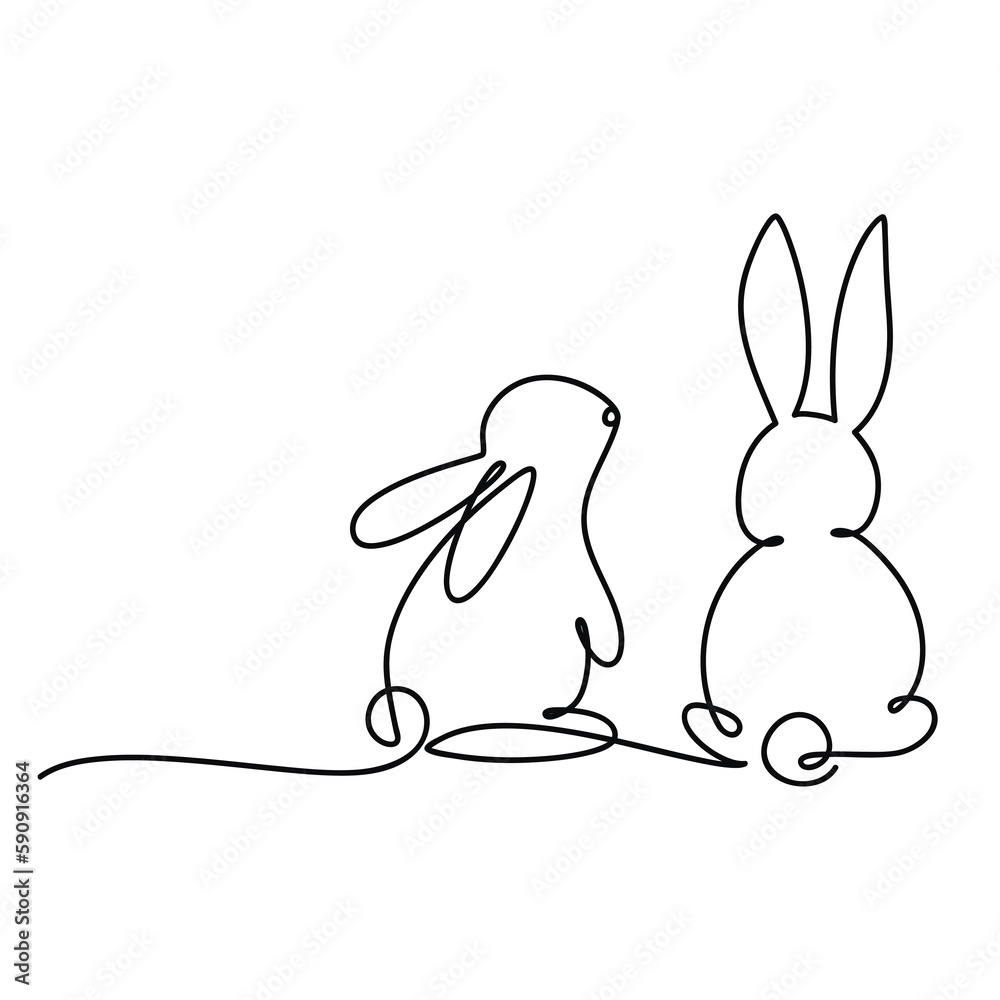 Two rabbits vector. One line continuous drawing. Bunny icon. Hare ...