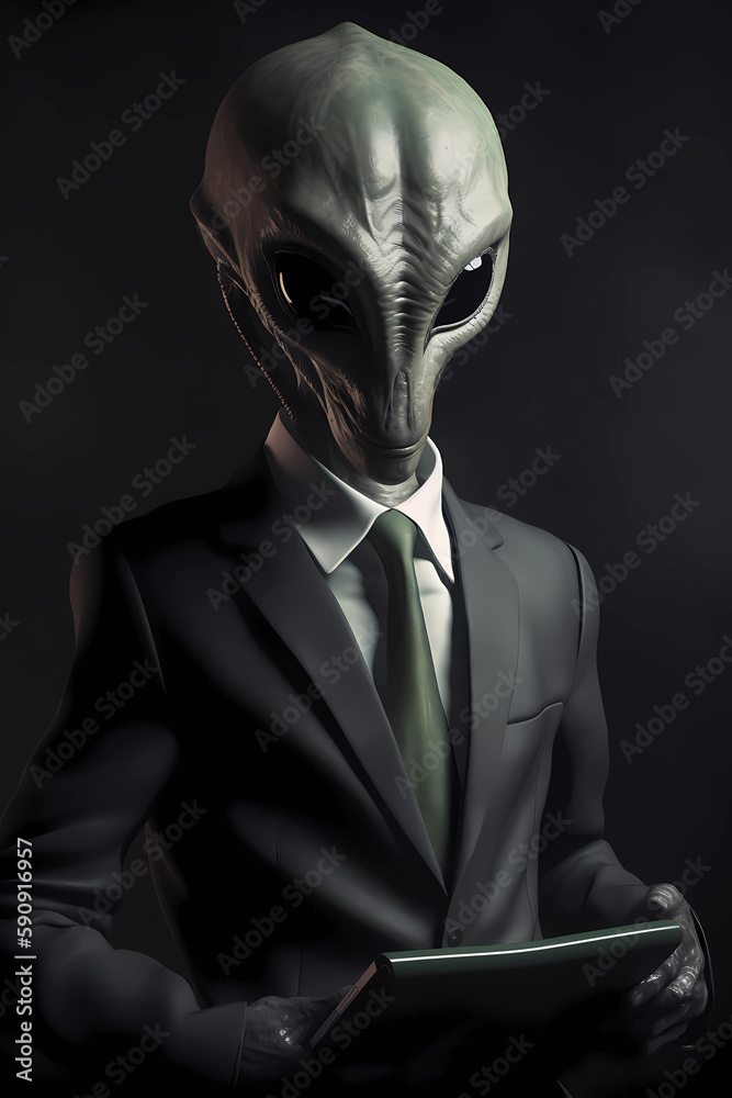 Alien in a black business suit. AI generation Stock Illustration ...