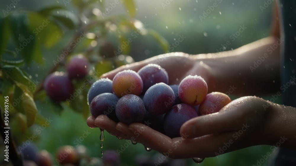 fruits of plums and cherry plums picked by hand from garden trees in ...