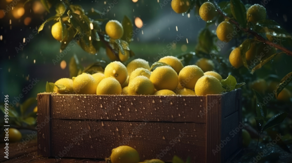 beautiful lemons and limes in a box under a garden tree, in the evening ...