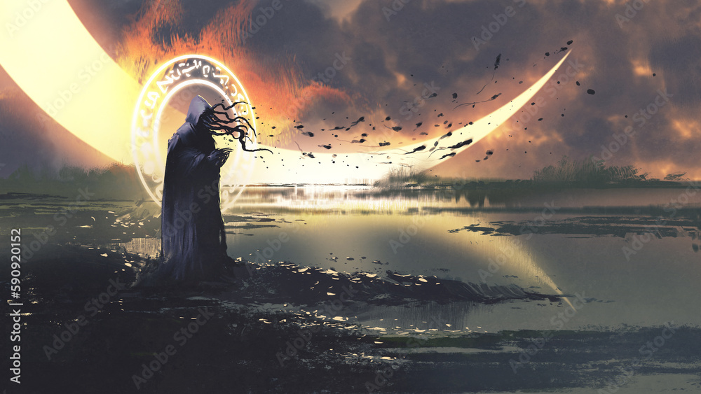 evil sorcerer casting a spell to release the black insects from his ...