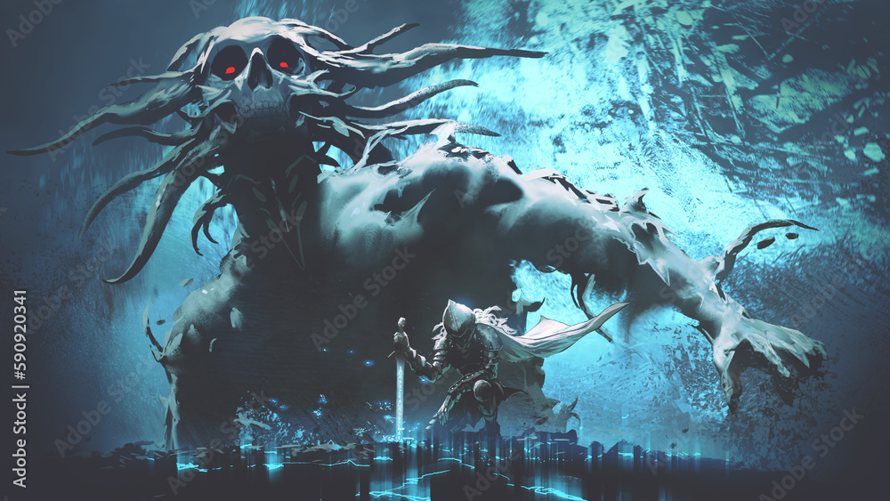 The knight cast a spell with his sword to awaken the demon, digital art ...