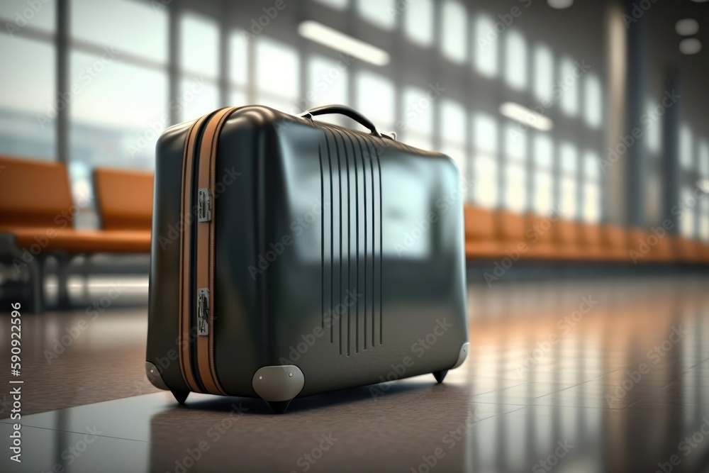 Gray luggage bag on the airport floor during departures, ready to ...