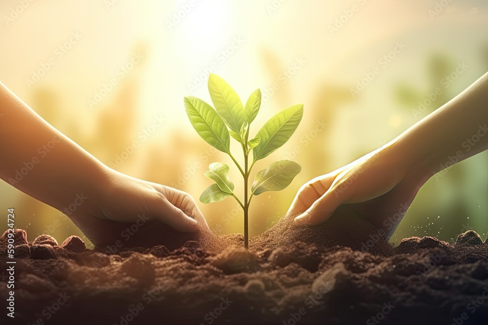 Two Hands Planting a Plant in a Blurred Nature Background With Sun Rays ...
