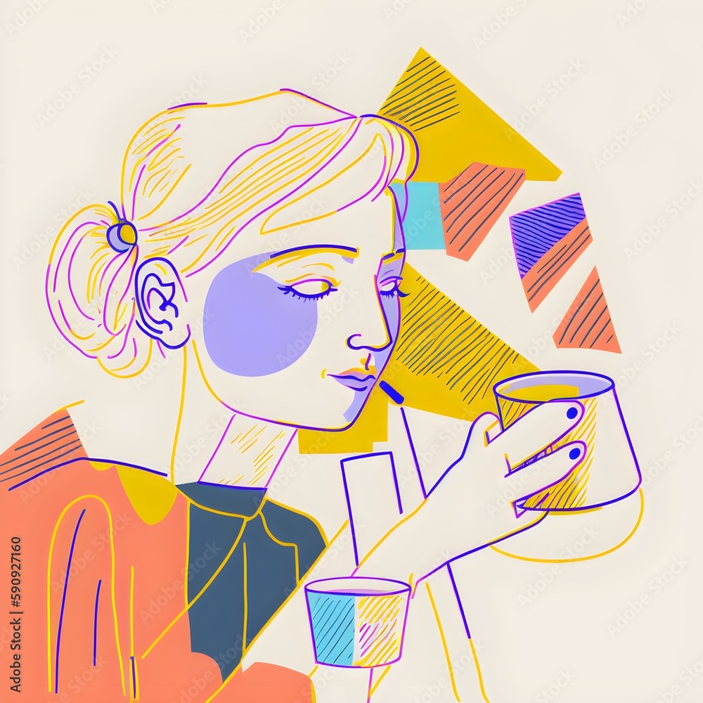 Young happy girl drinking tea line drawing graphic lifetyle cubic 2d ...