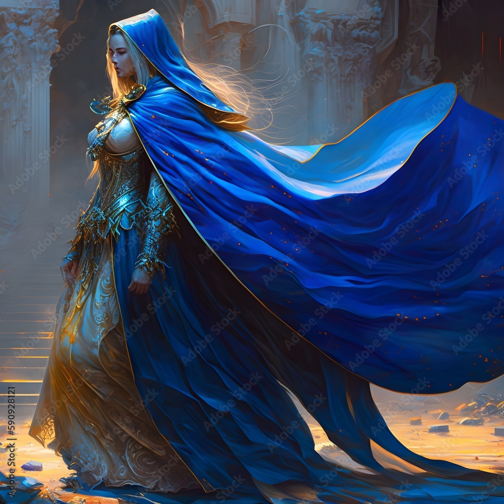 princess with blue cloak walking beautiful medieval dungeons and ...
