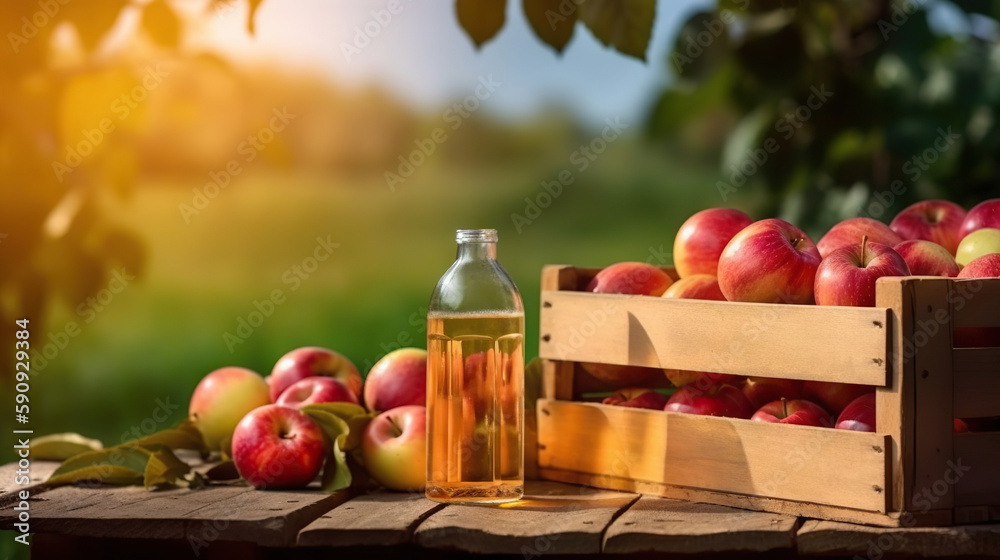 Wooden box of delicious ripe apples and bottle of apple juice on apple ...