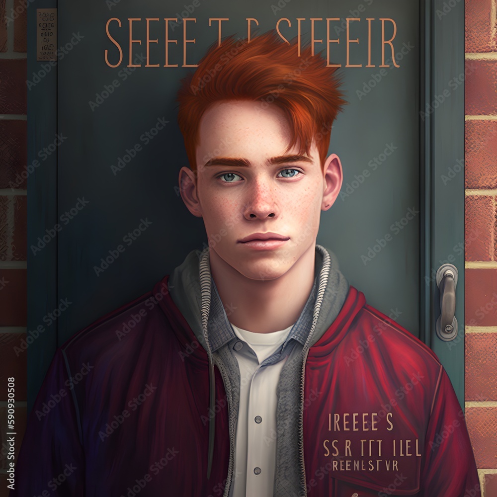 a portrait of a mulscular teenage boy age 19 with red hair and freckles ...