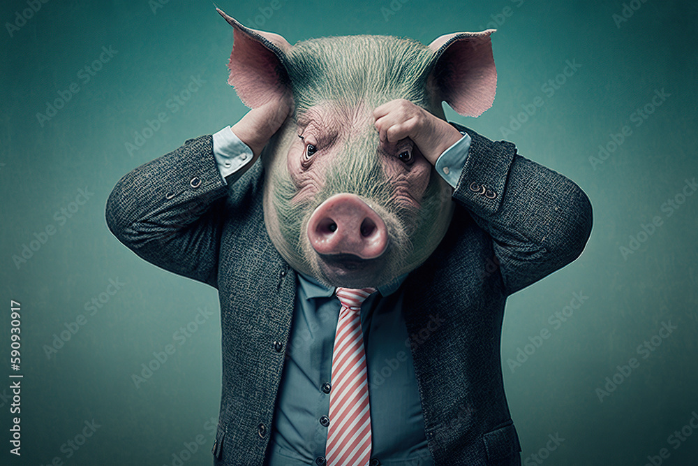a pig in a business suit being sad and depressed, created with ...