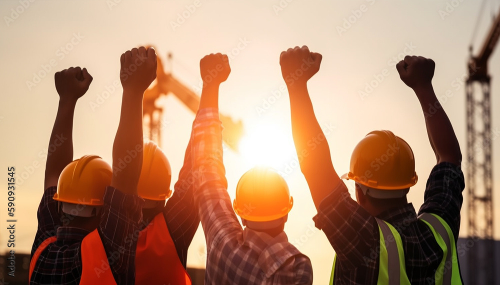 construction workers raise their hands in the air Stock Illustration ...