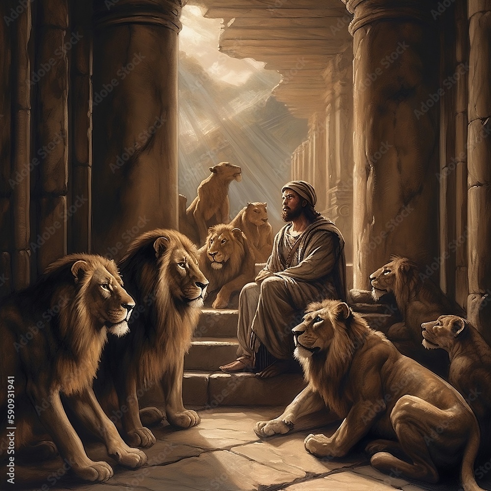 Daniel in the lion's den waiting on steps. Generative ai Stock ...