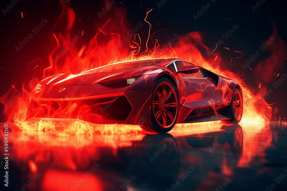 Futuristic Red Supersport Car Study At Studio Scene With Blazing Fire ...
