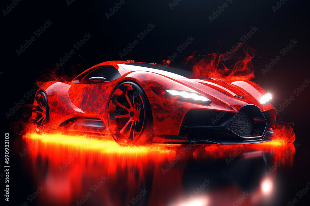 Futuristic Red Supersport Car Study At Studio Scene With Blazing Fire ...