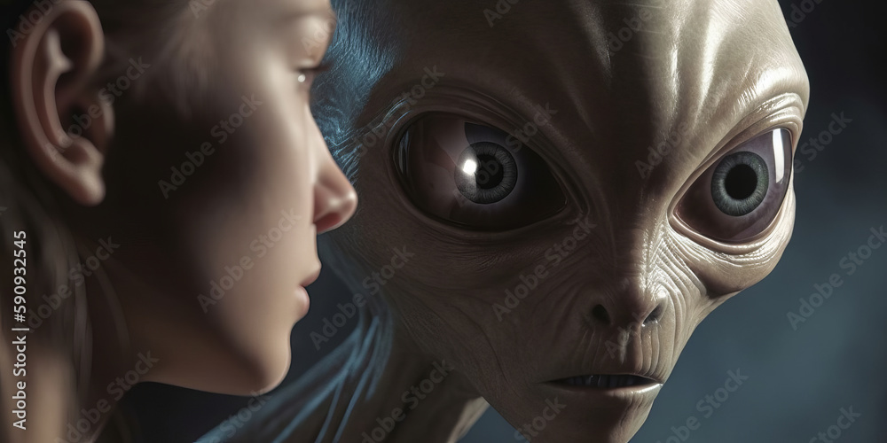 Extraterrestre en contacto con un humano, alienígena asustado por las personas, creado con IA ...