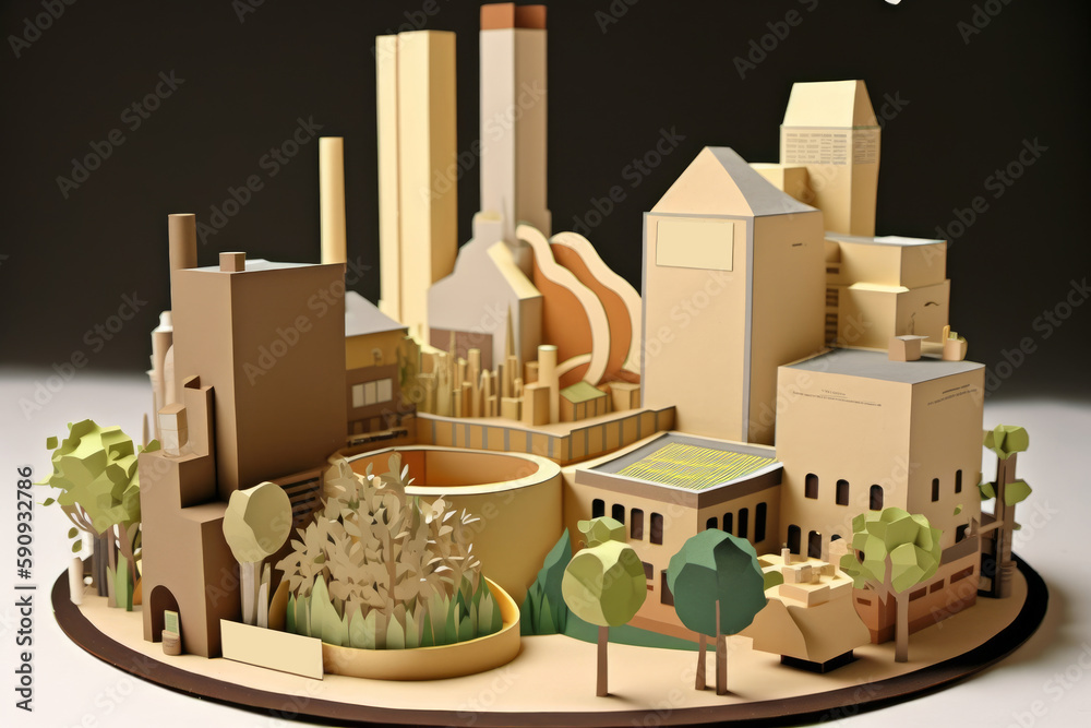 Ciudad inteligente hecha con papel, gran urbe de papercraft, edificios y casas con un diorama de ...