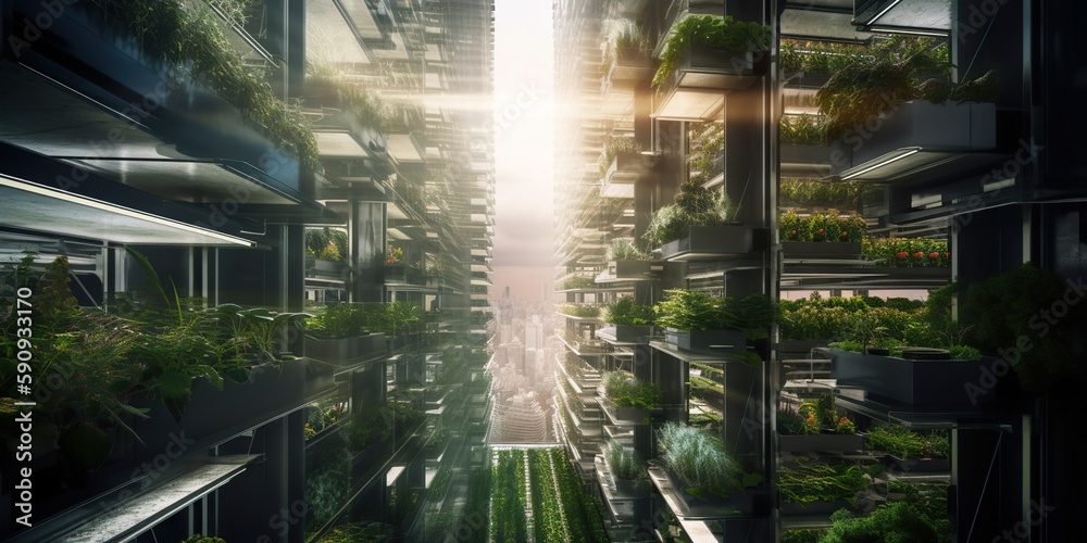 Futuristic vertical farm with plants growing on skyscraper walls in ...