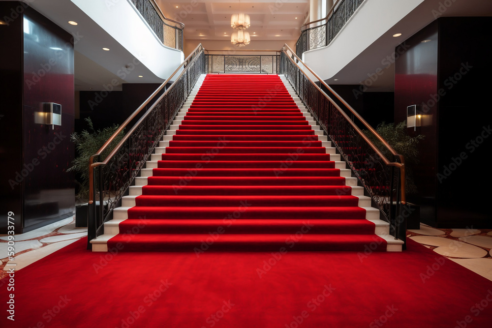 Interior Scene Of Hotel Stairs Covered With Red Carpet, Made Using ...