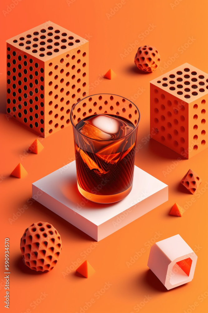 Ron con zumo de naranja en fondo isometrico de color naranja y marrón ...