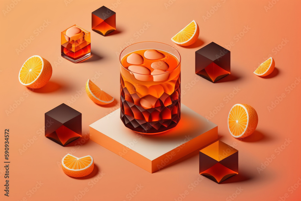 Ron con zumo de naranja en fondo isometrico de color naranja y marrón ...