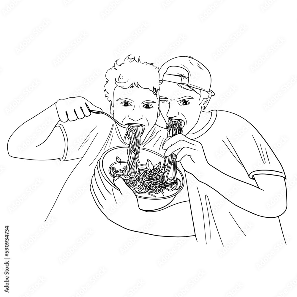 Two men eating a pasta artwork. Two boys eating Italian pasta outline ...