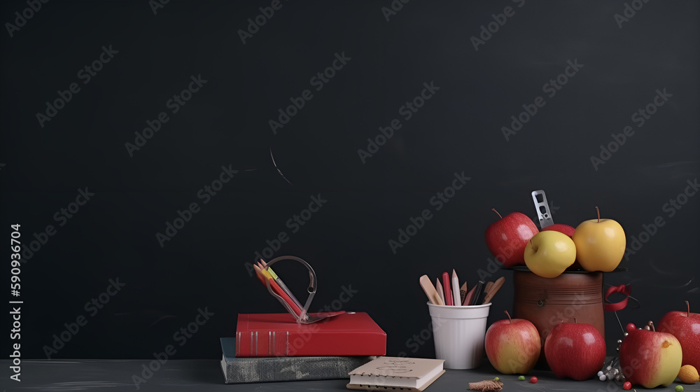 Teacher's desk with writing materials, a book and an apple, a blank for ...