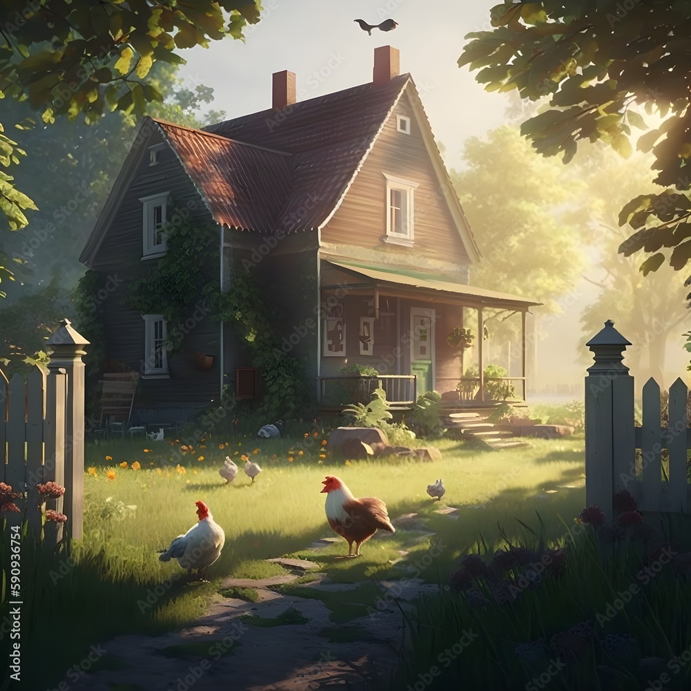 realistic homestead with garden plots chickens pecking at the ground ...