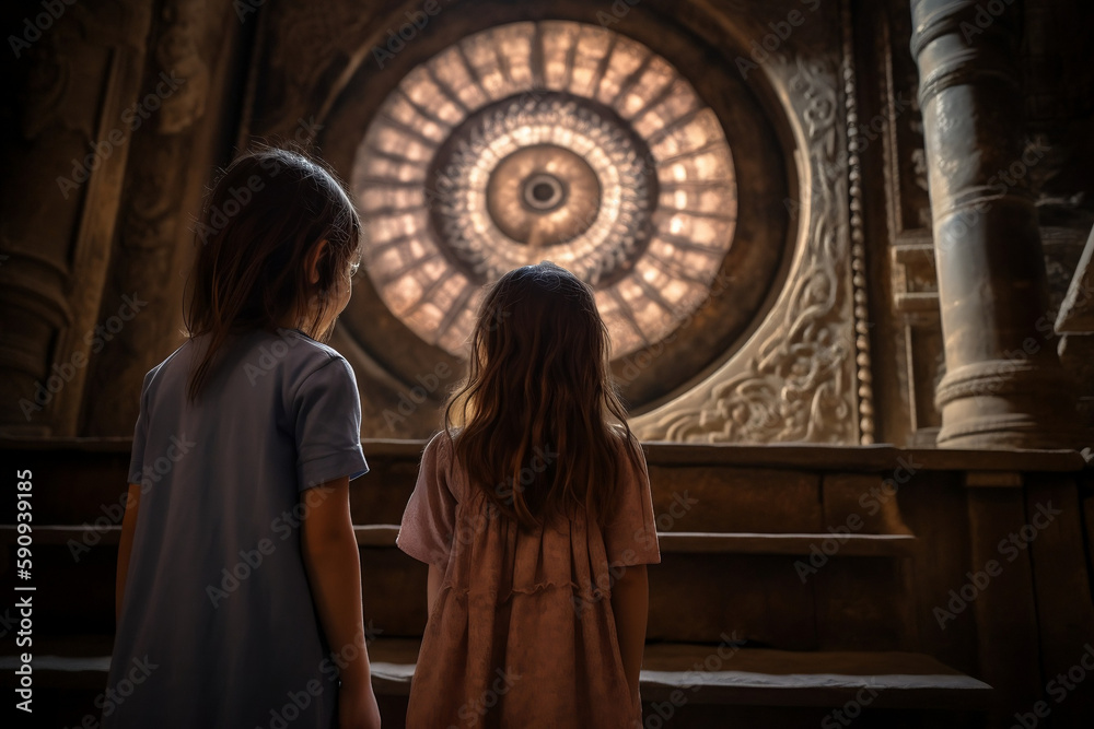 Young Girl Standing In Front Of Ancient Magical Eye In Old Temple, Made ...