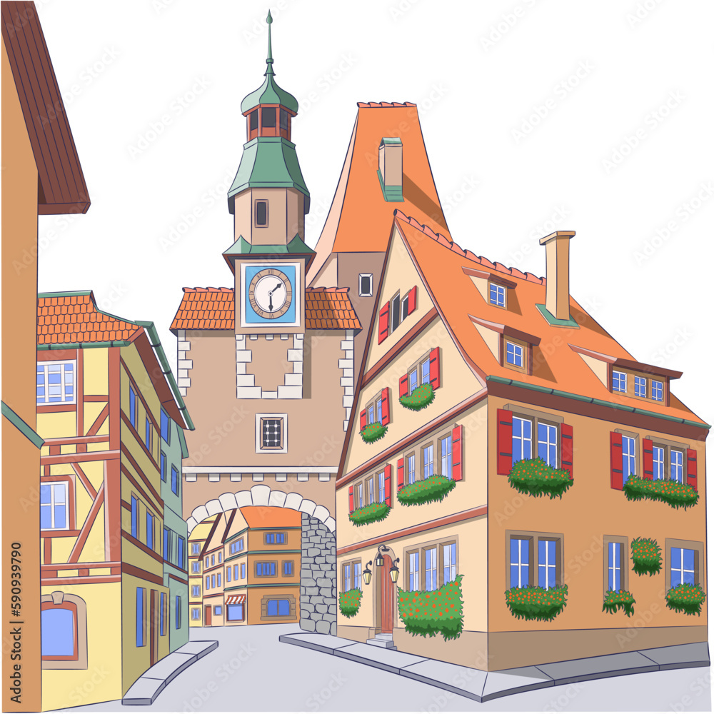 Old medieval street with beautiful houses and clock tower in Rothenburg ...