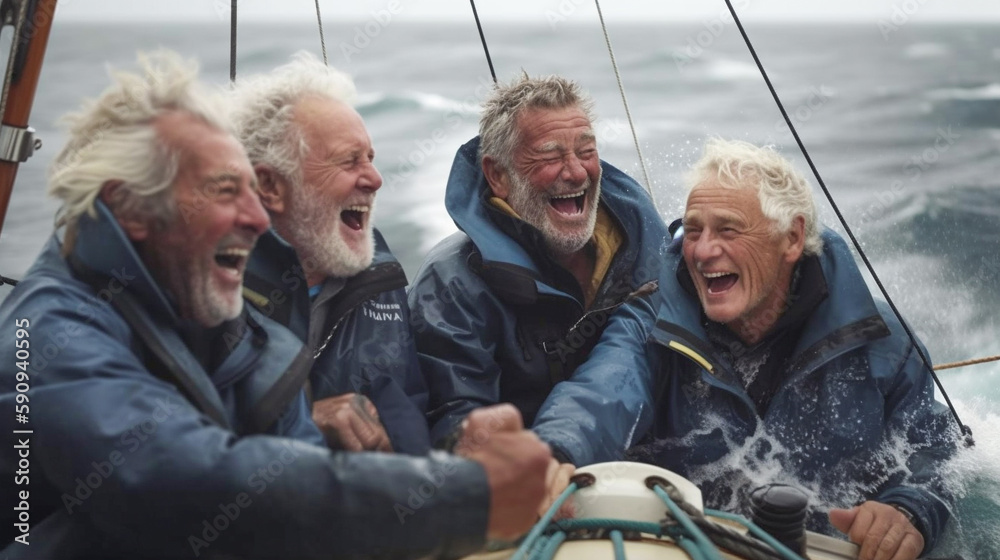 Group of Older Sailor Men Laughing Enjoying The Thrill of Riding Out ...