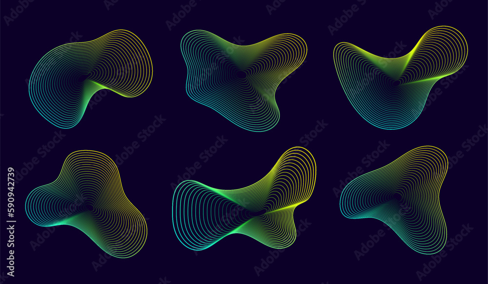 Dynamic amorphous shapes, abstract fluid forms with gradient, liquid shape made of lines with ...
