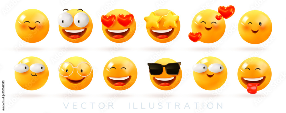 Set of 3d emoticons. Smile, positive emotions, emoji. Mood and facial ...