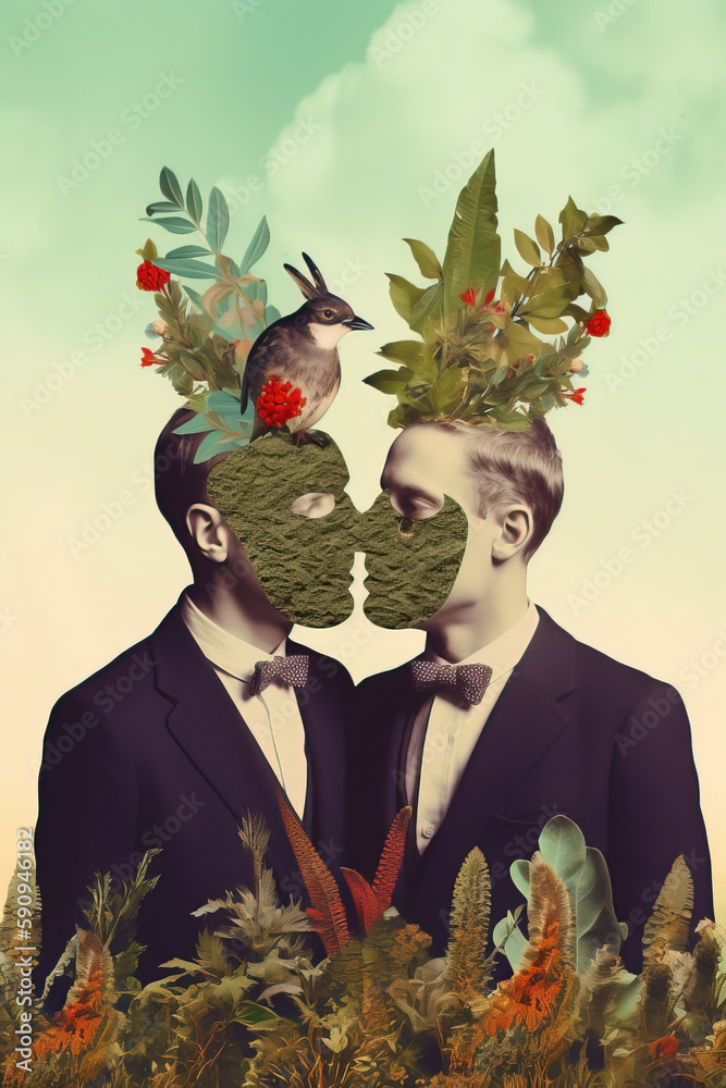 Vintage collage Illustration of two men in a very intimate and sensual ...