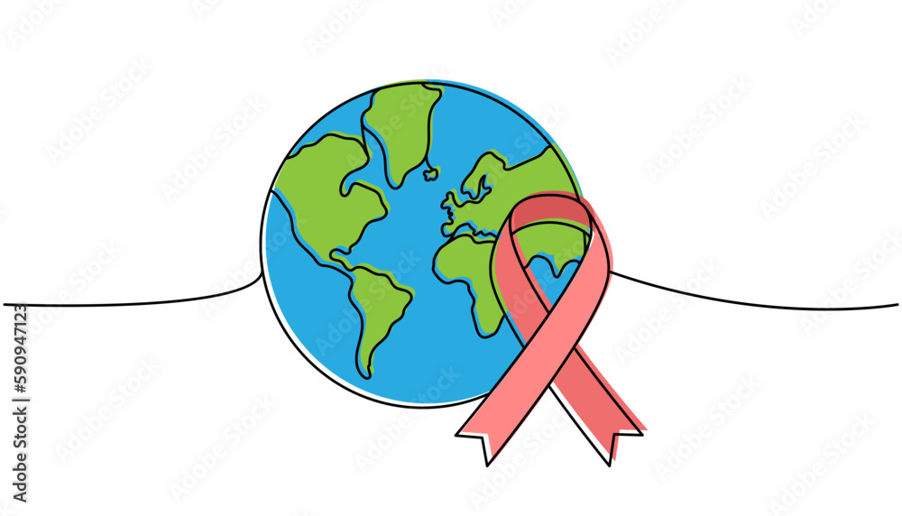 Earth with cancer aid ribbon colored one line continuous drawing. World ...