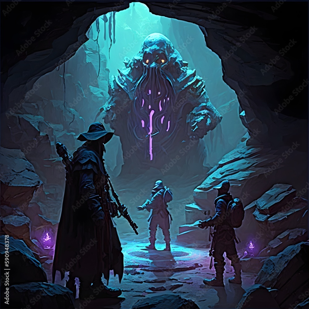 interior of a cavern where a human rogue is shaking hands with a duregar cult leader as an ...