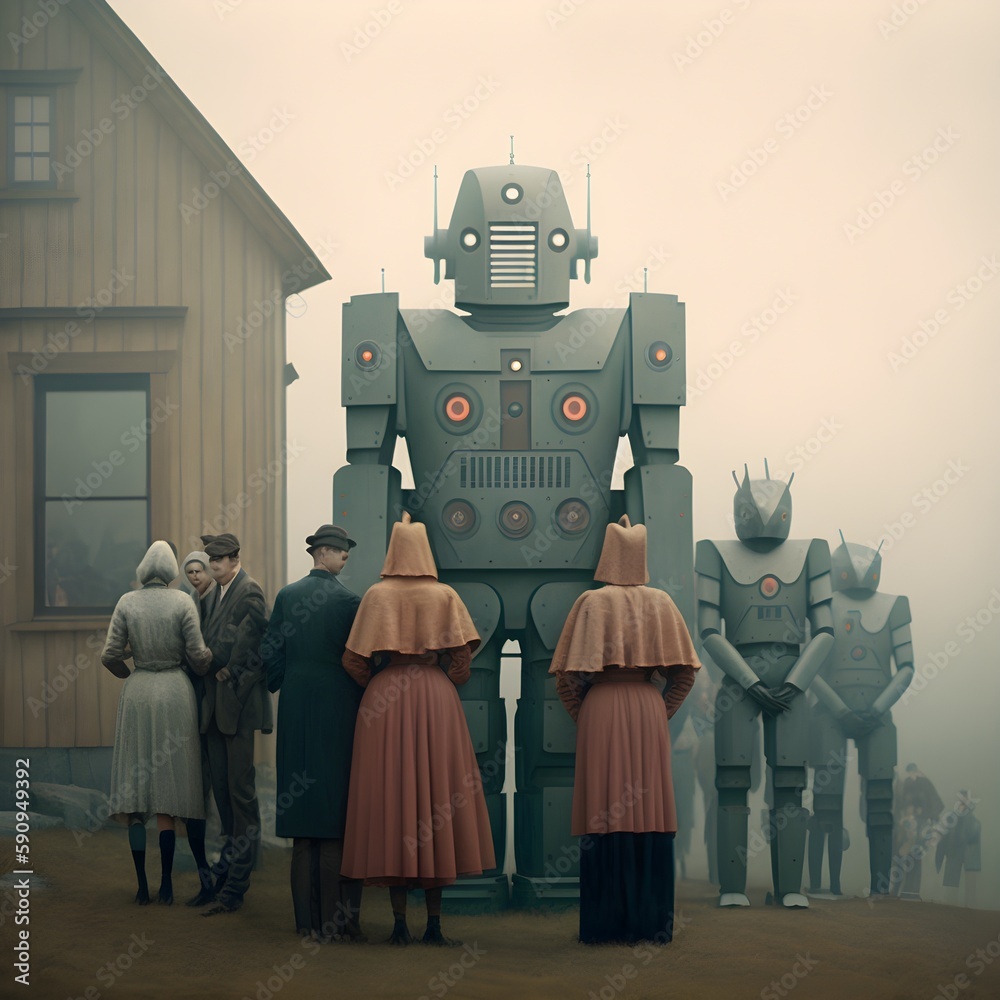 pagan cults with women and robots a 1920s dreamy muted tones foggy ...