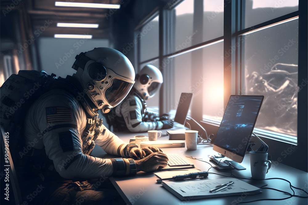 astronauts working on laptops on table in office space end of day ultra ...