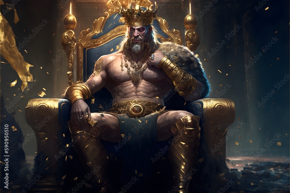 king sitting on the throne gold crown muscle open chest Girls around ...