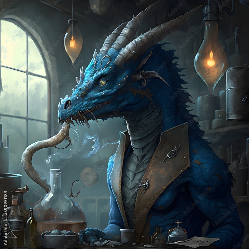 Dnd blue ancient male dragon with long horn protruding from his nose ...
