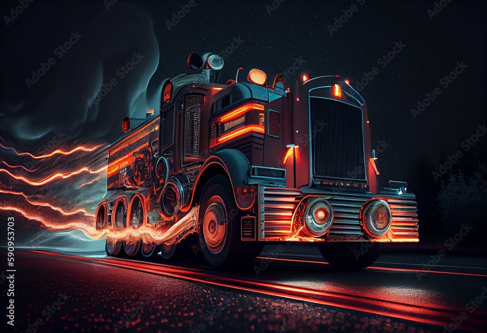 Generative AI illustration of fire engine with glowing signals driving ...